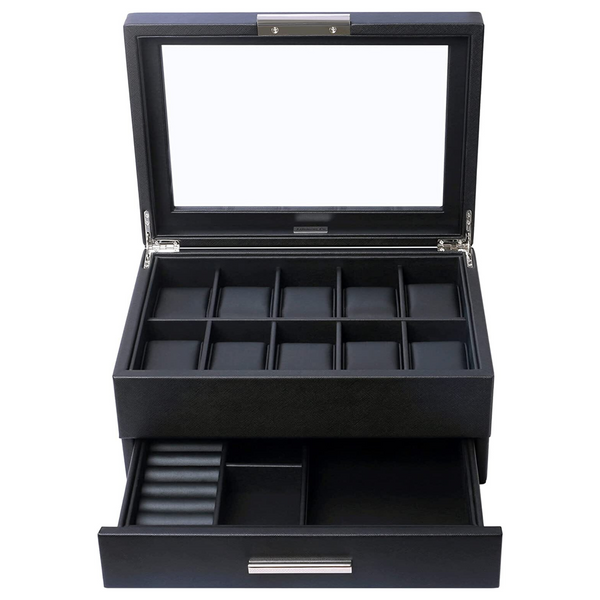 10 Slots Watch Box with Drawer in Black - Clinks Australia